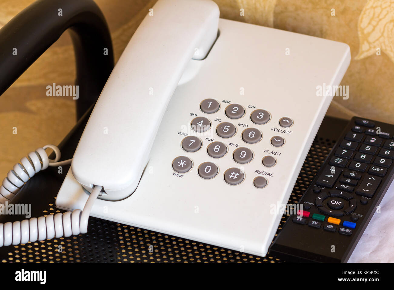 Close up of telephone device at office desk, communication technology ...