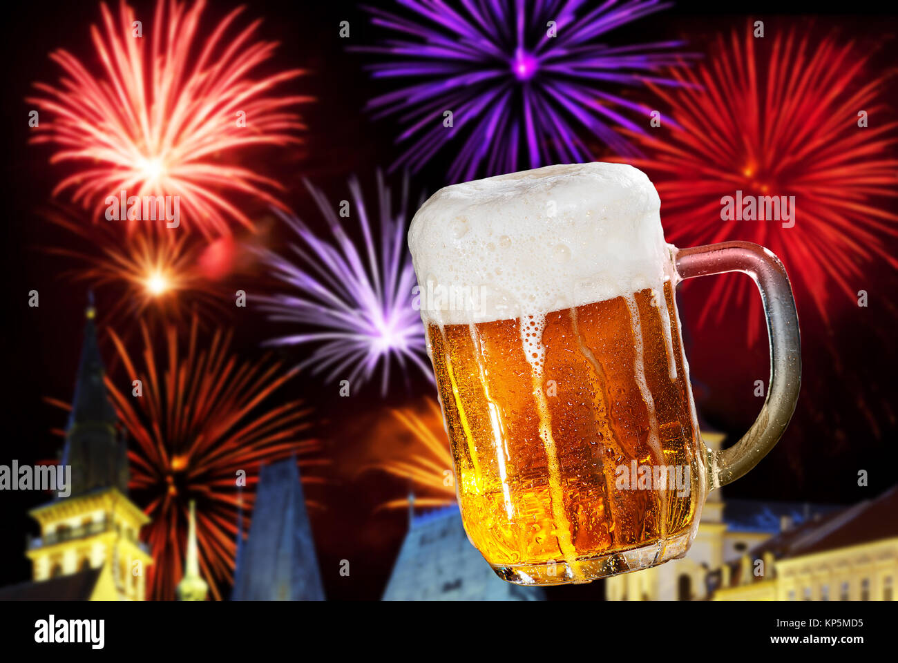 Glass of Beer on the Sky with Fireworks Stock Photo - Alamy