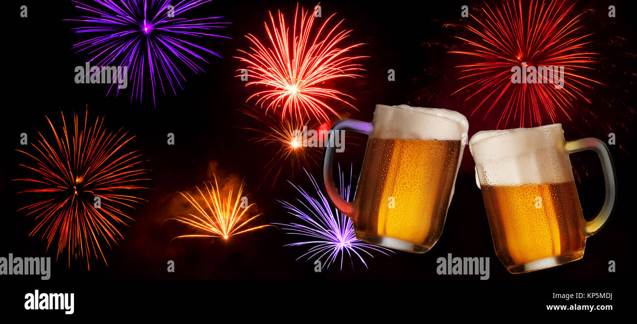 Celebratory Drink with Two Glasses of Beer on the Sky With Firework ...