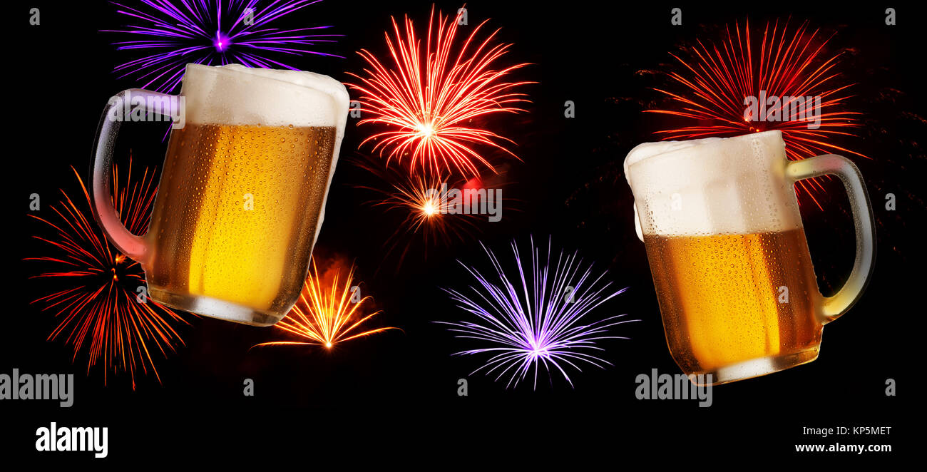 Celebratory Drink with Two Glasses of Beer on the Sky With Firework ...