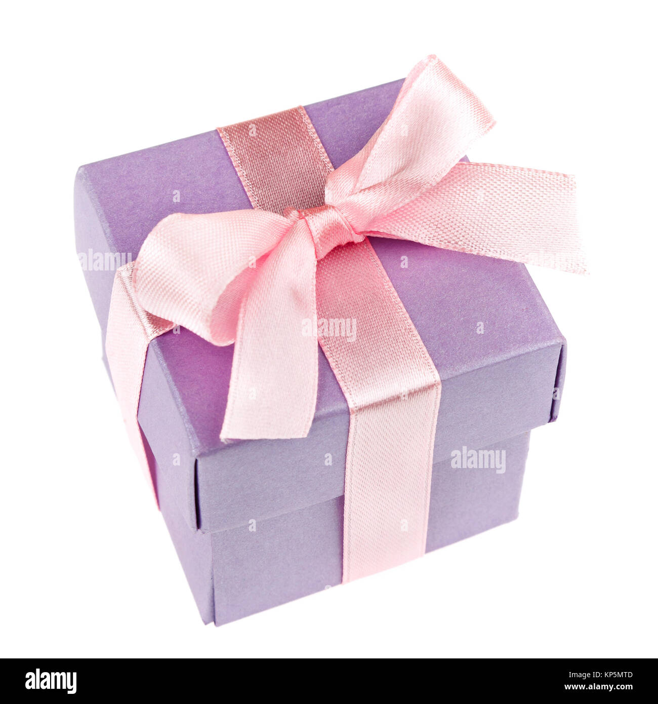 lilac gift box with pink ribbon and bow isolated on white top view ...