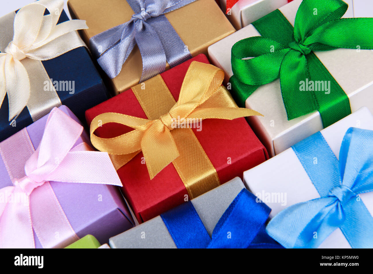 colorful gift boxes with bows top view Stock Photo - Alamy