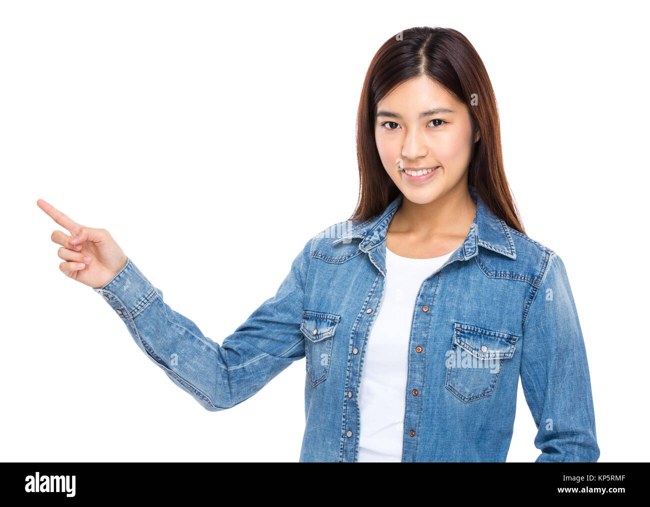 Asian woman with finger point out Stock Photo - Alamy