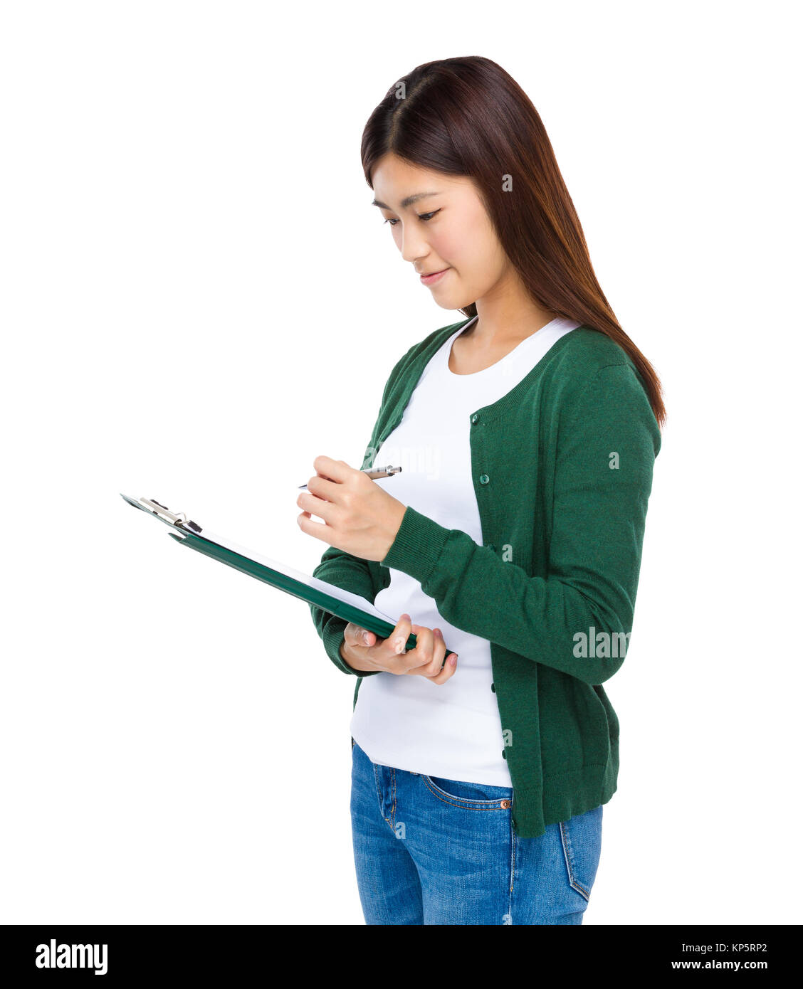 Young girl take note on check list board Stock Photo - Alamy