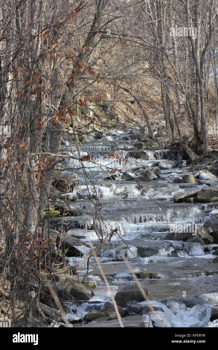 Cascading water down a slight hilly and rocky incline. Ice beginning to ...