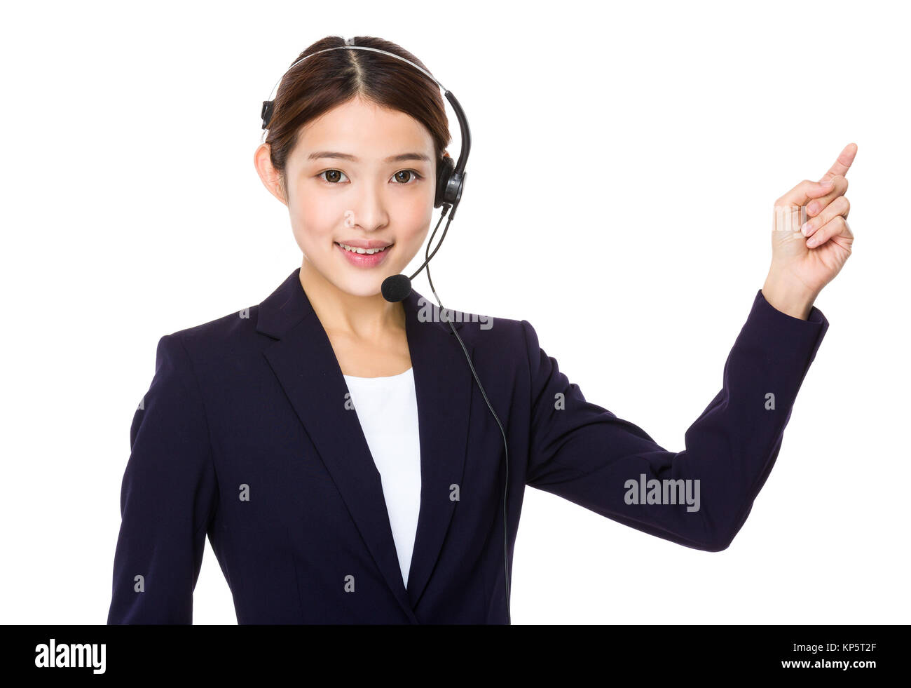 Call centre agent and finger pointing up Stock Photo - Alamy