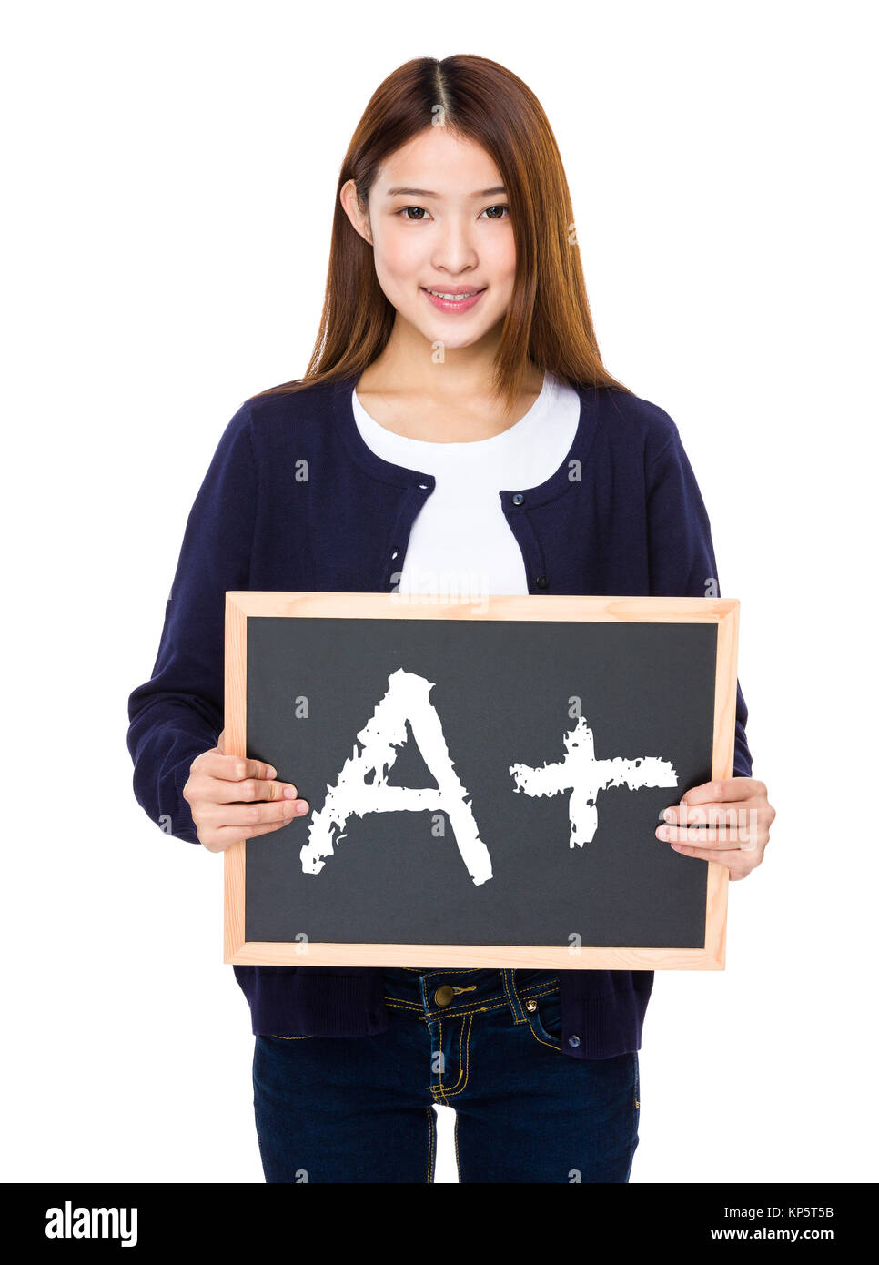 Asian woman with chalkboard showing A plus mark Stock Photo - Alamy