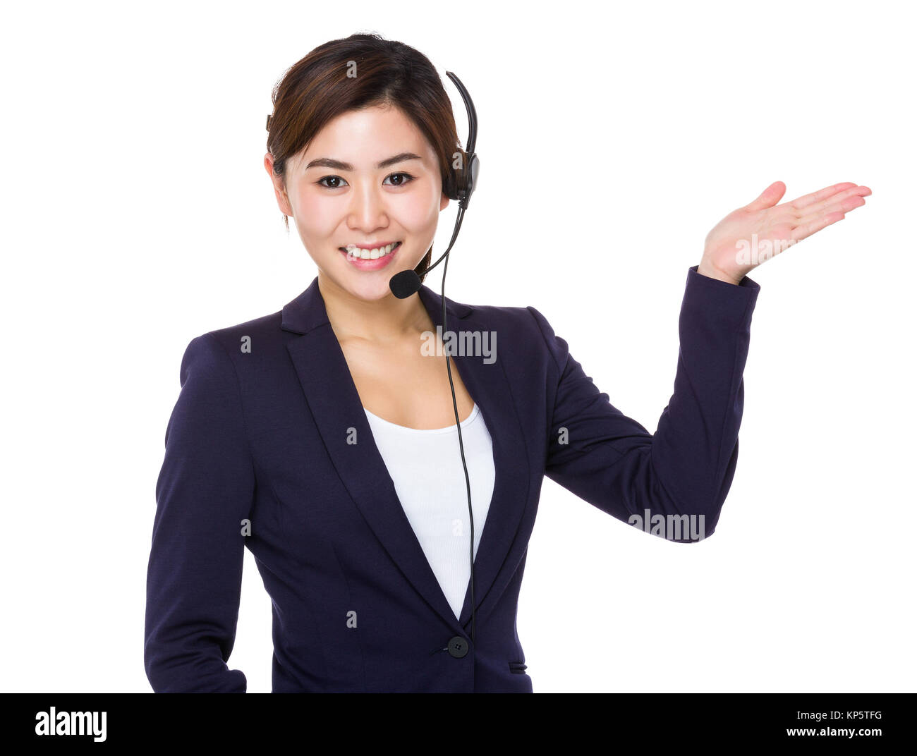 Call center agent with open hand palm for selling something Stock Photo ...