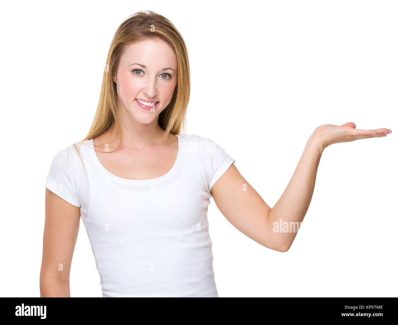 Woman showing with the open hand palm Stock Photo - Alamy