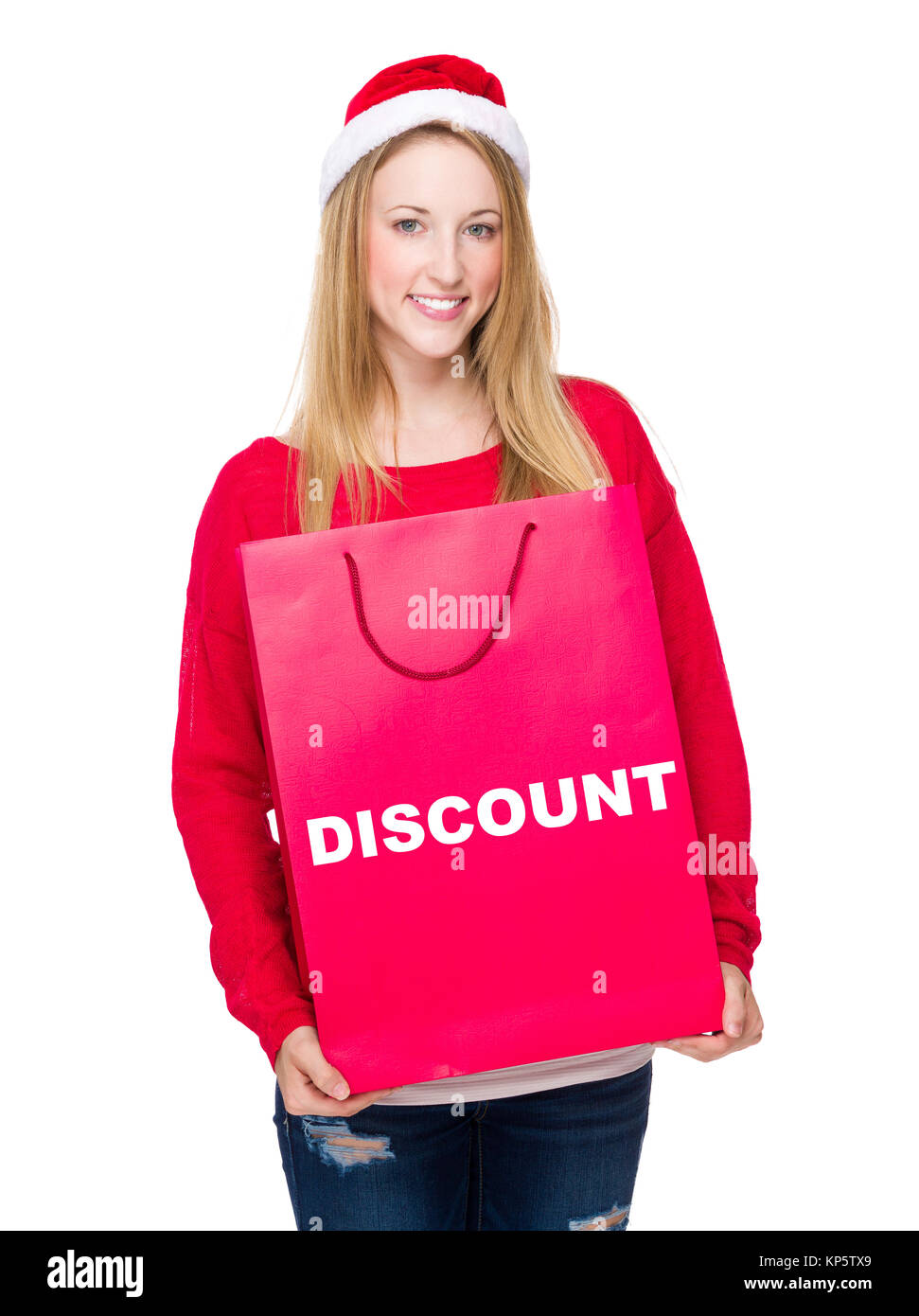 Woman with paper bag showing discount Stock Photo - Alamy