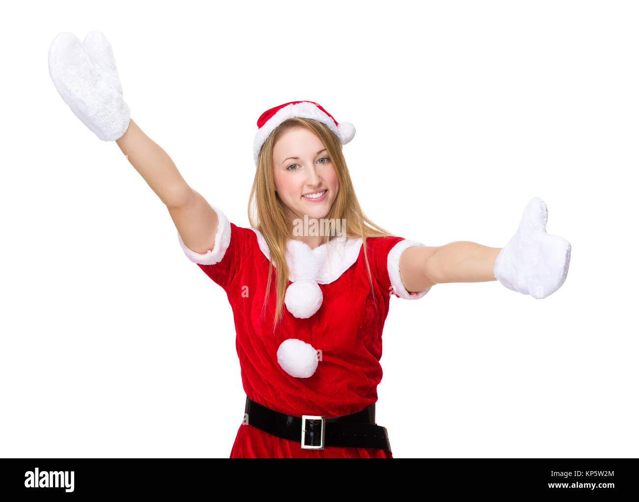 Happy woman with christmas dress with a welcome hug for you Stock Photo ...