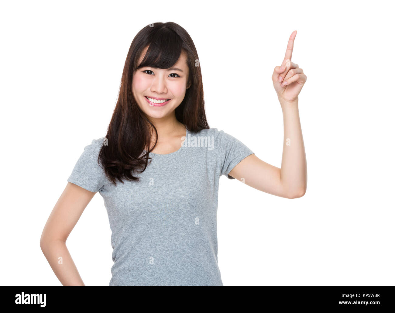 Woman with finger point up Stock Photo - Alamy