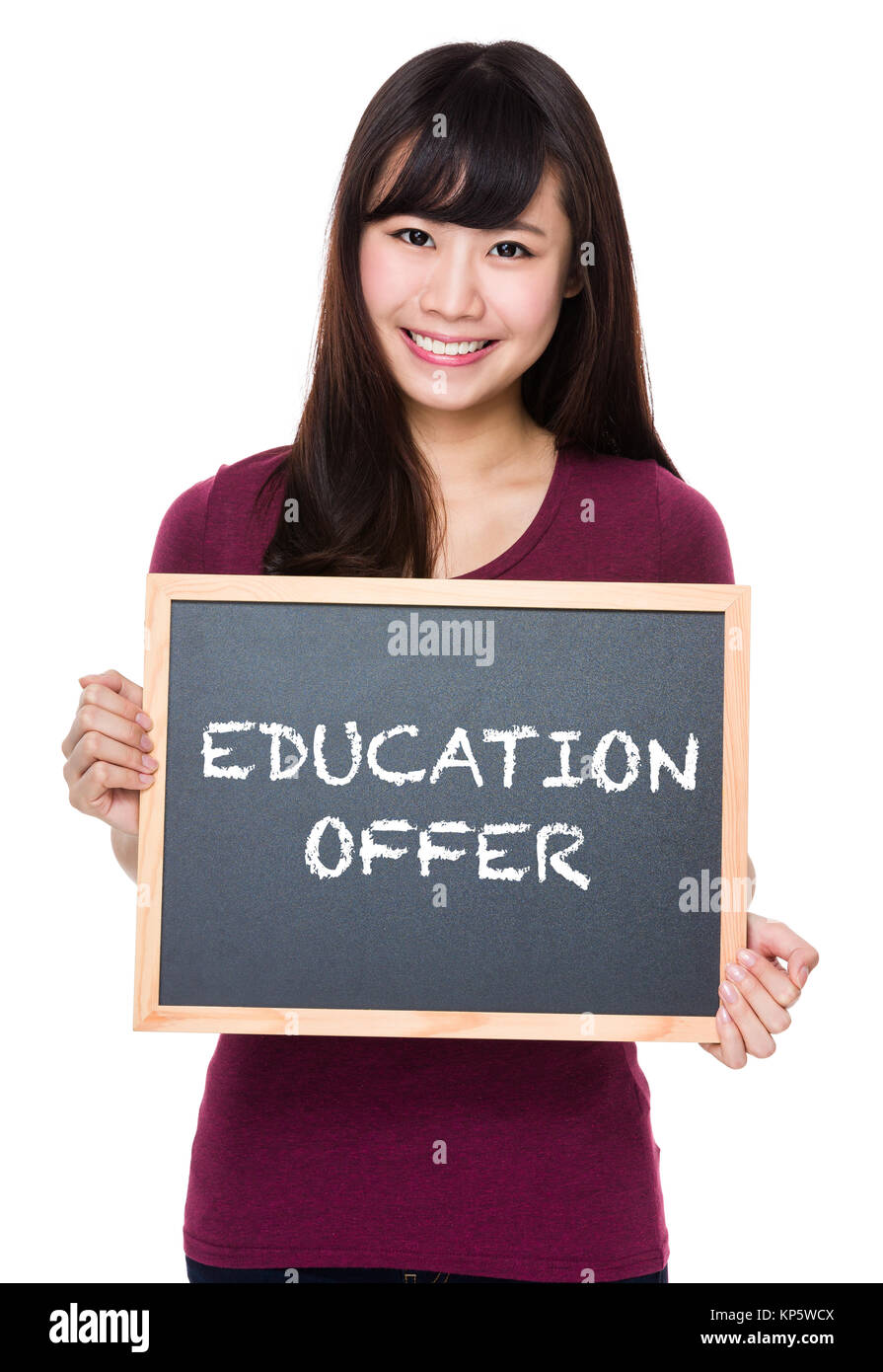 Woman with black board and showing education offer Stock Photo - Alamy