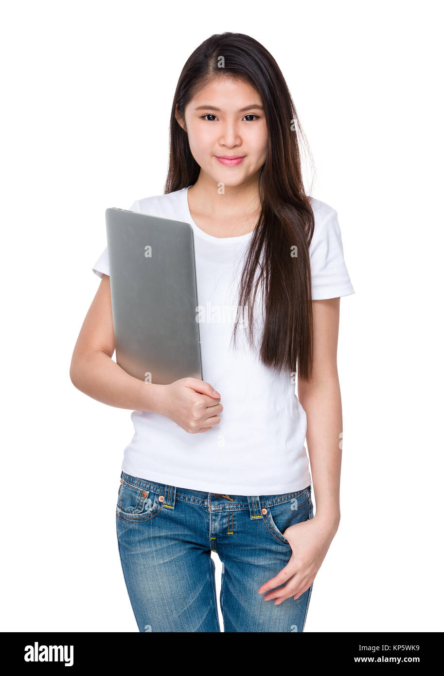 Young lady hold with laptop computer Stock Photo - Alamy