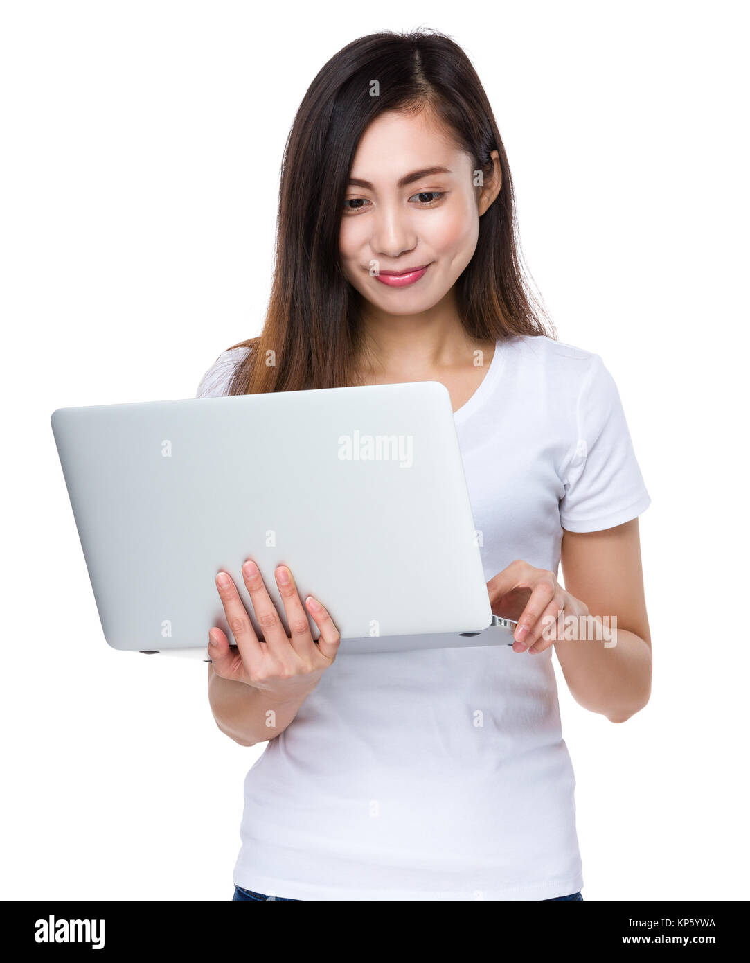 Asian young woman read on the notebook computer Stock Photo - Alamy