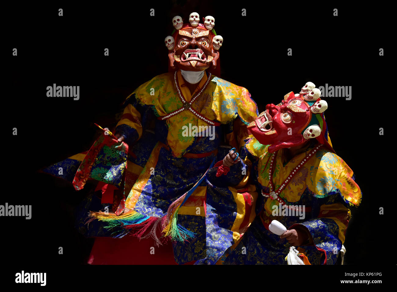 Buddhist monks perform the ancient Cham Dance, Mask Dance Red Mahakala ...