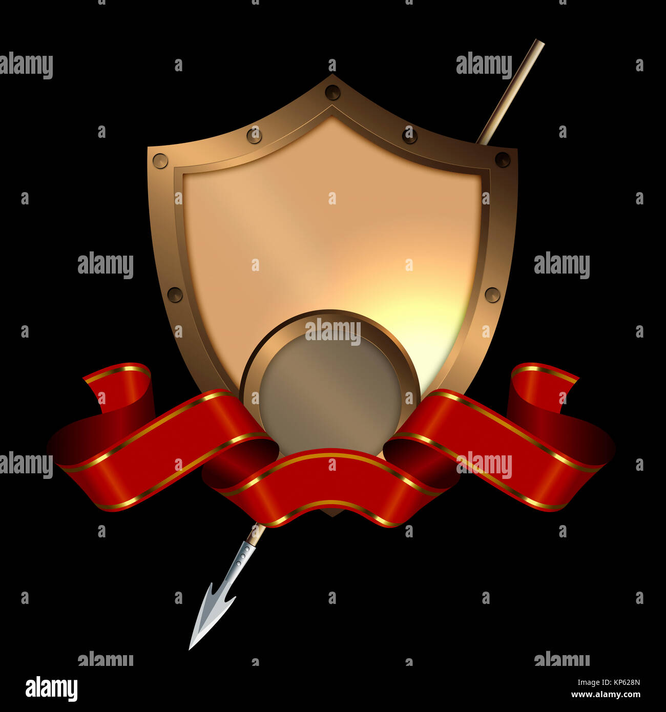 Medieval riveted shield with red ribbon and spear on black background ...