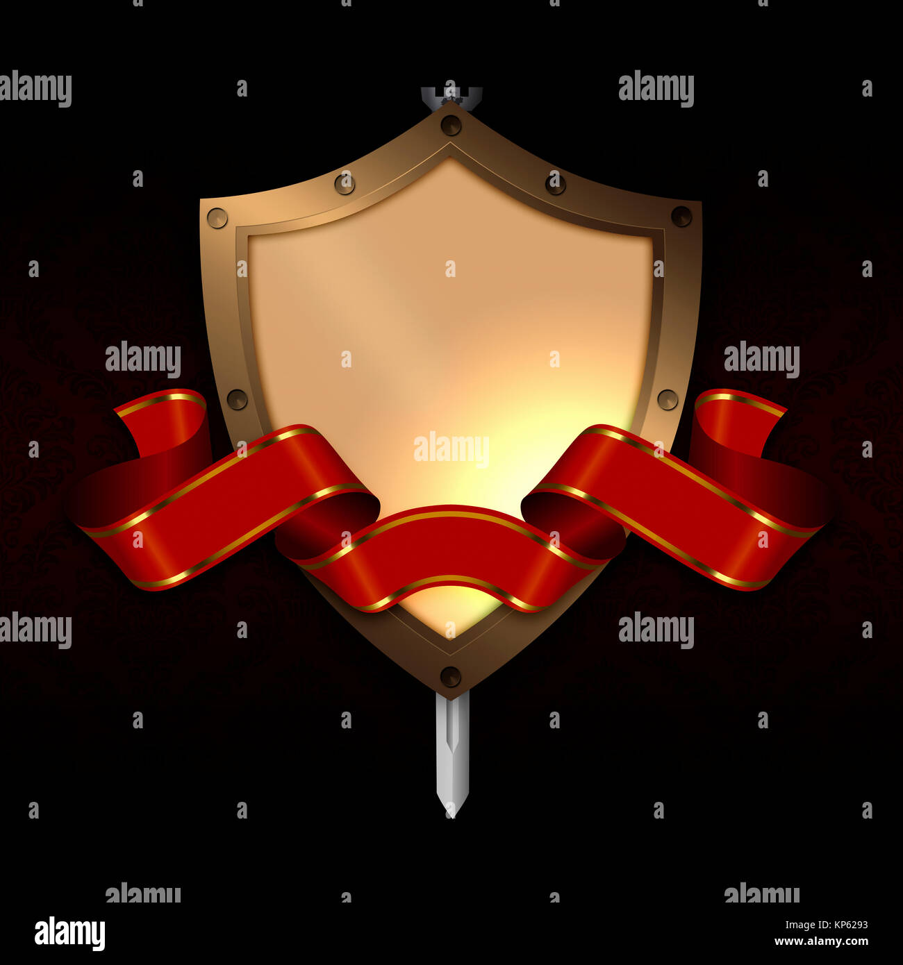 Medieval riveted shield with red ribbon and sword on black background ...