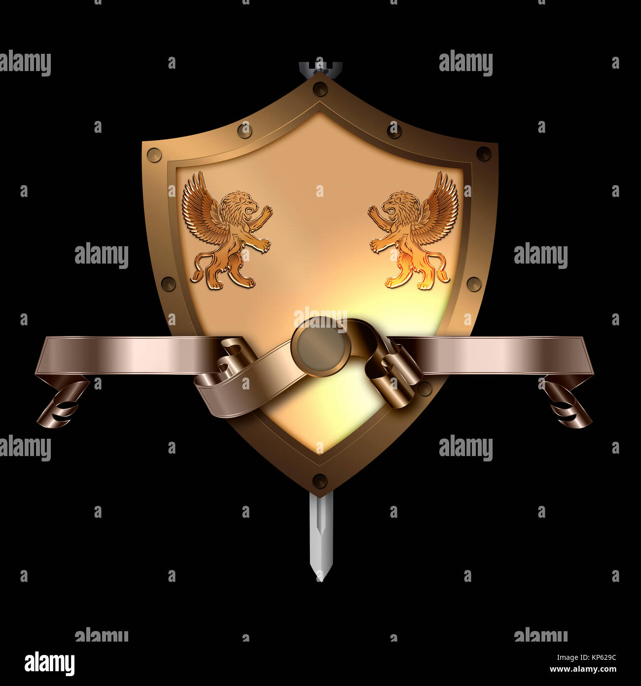 Medieval riveted shield with gold ribbon and sword on black background ...