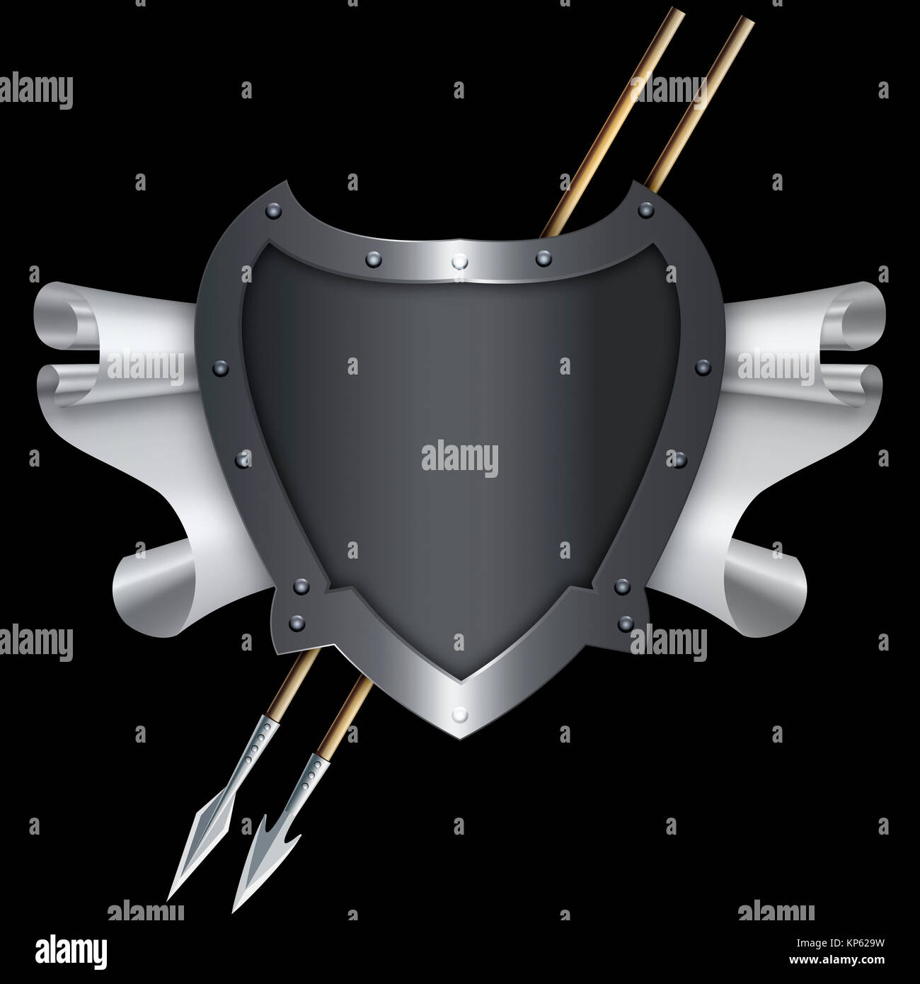 Abstract ancient riveted shield with antique scroll and two spears on ...