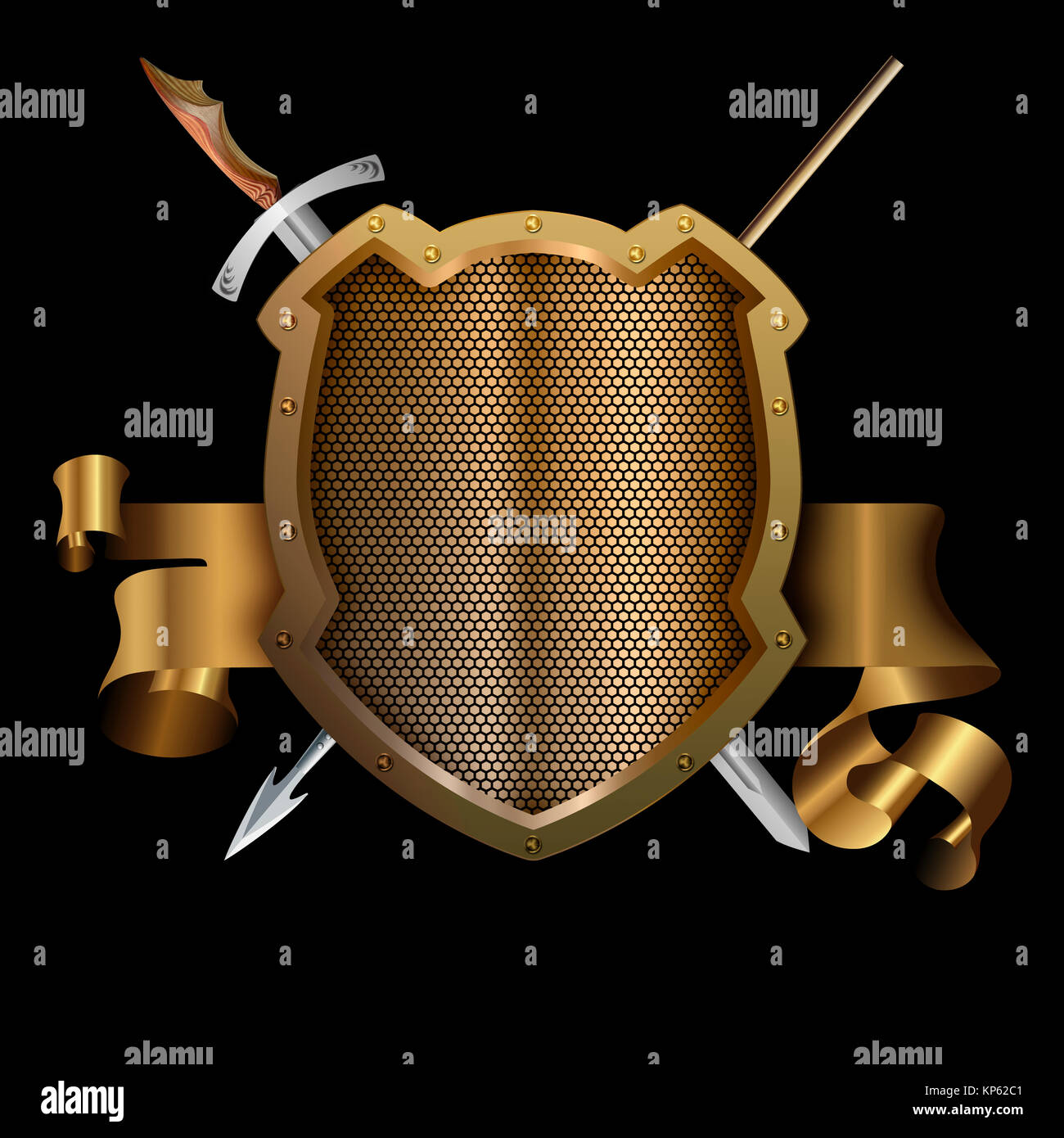Ancient gold shield with scroll of parchment and swords on black ...