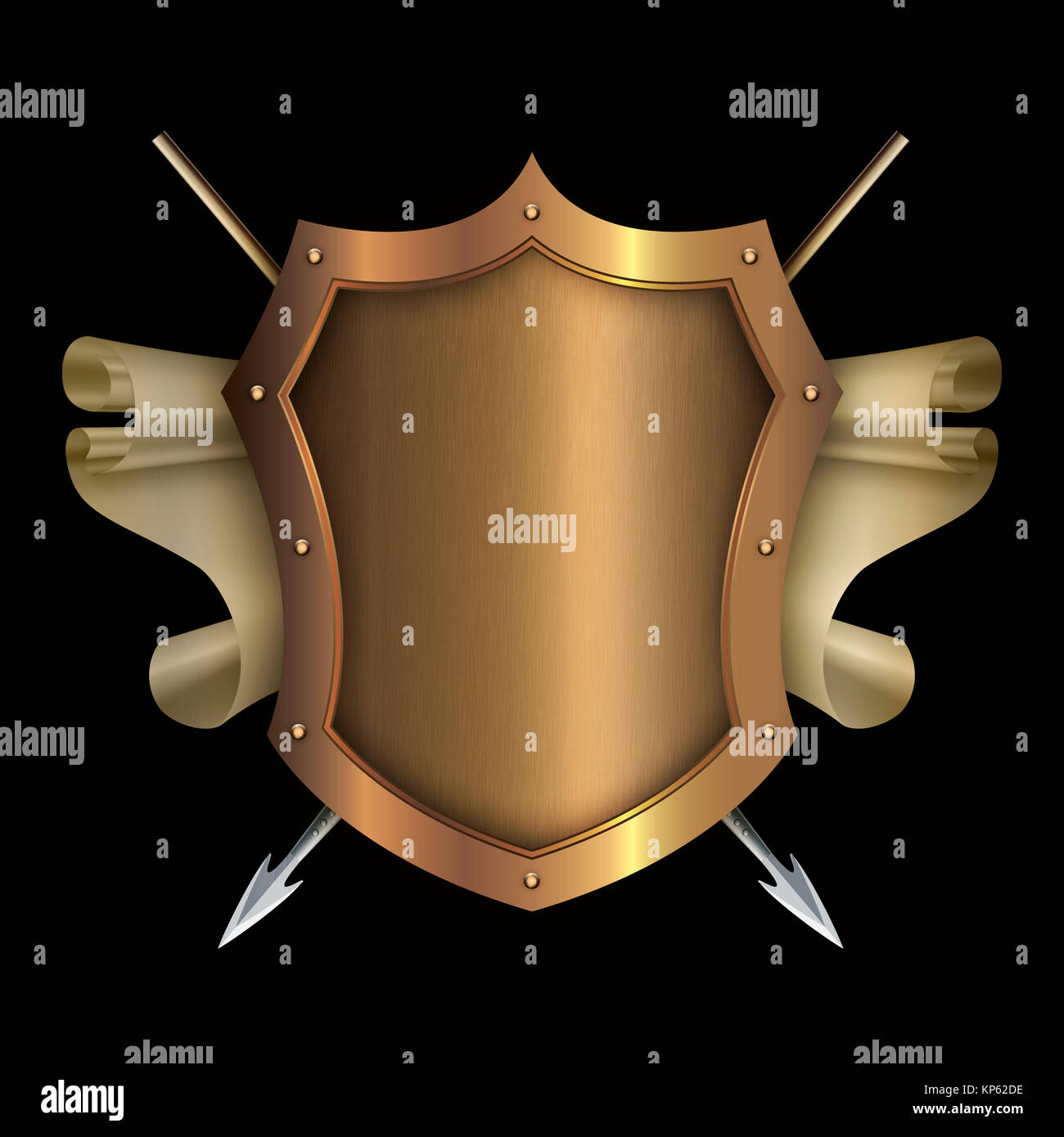Gold riveted shield with scroll of parchment and two spears on black ...