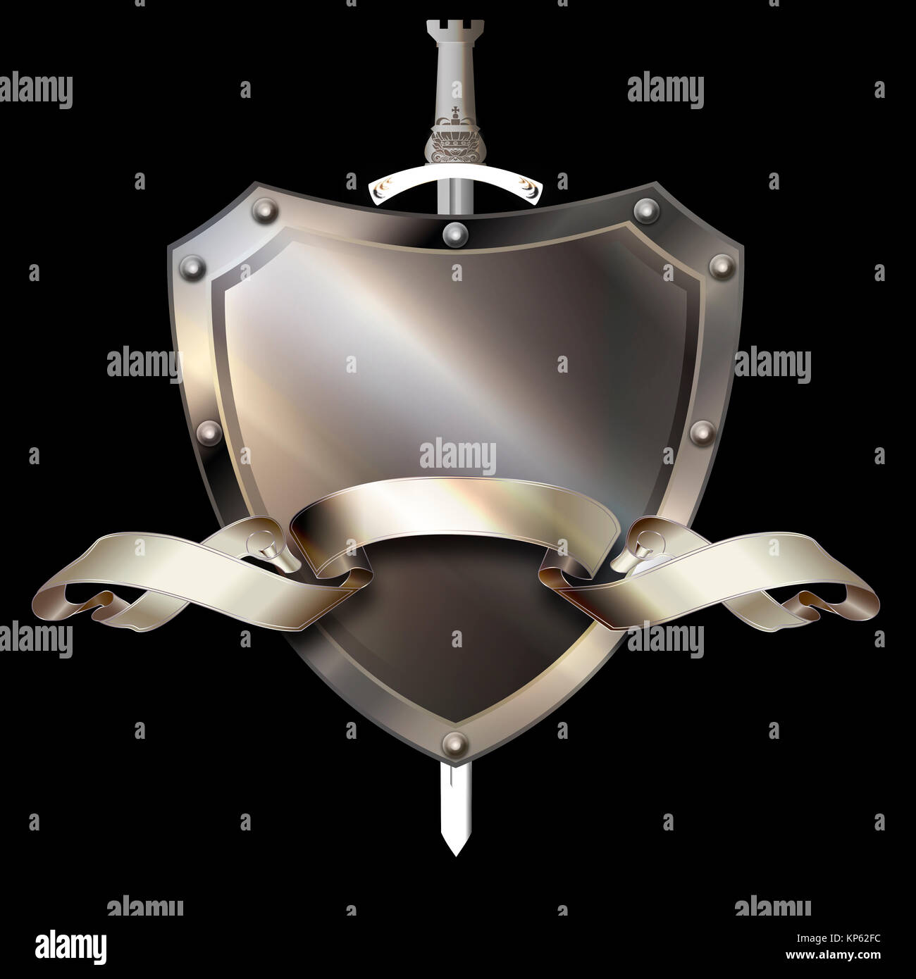 Ancient shield with sword and silver ribbon on black background Stock ...