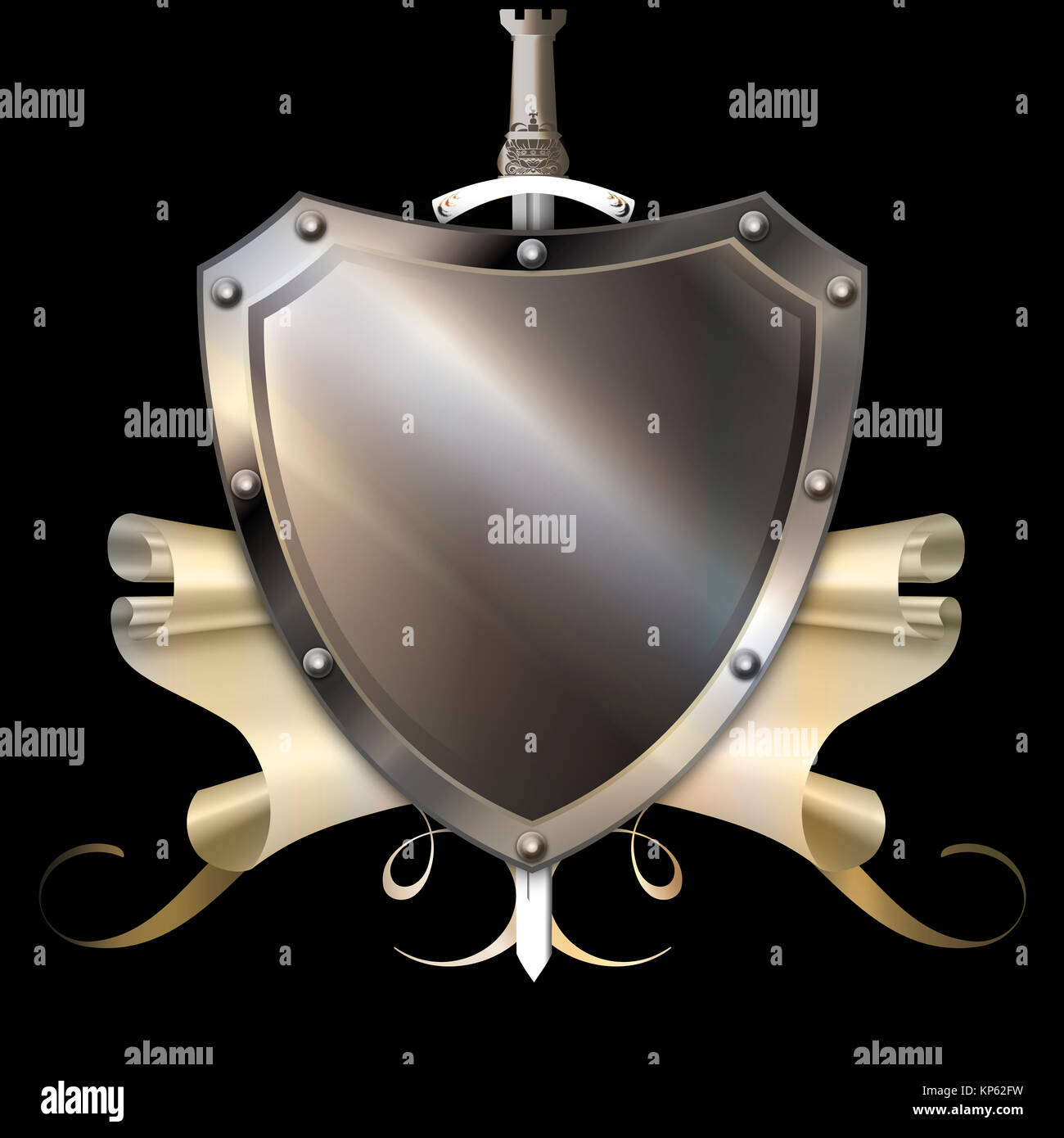 Ancient shield with sword and scroll parchment on black background ...