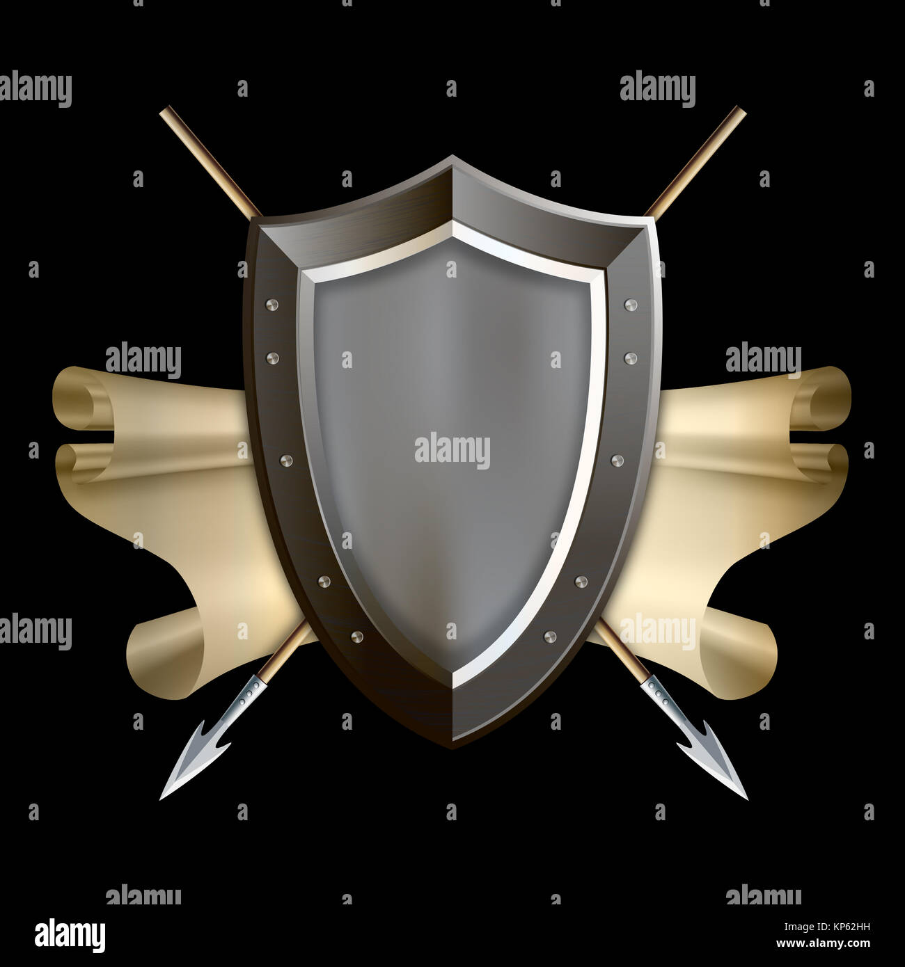 Medieval riveted shield with scroll of parchment and two spears on ...