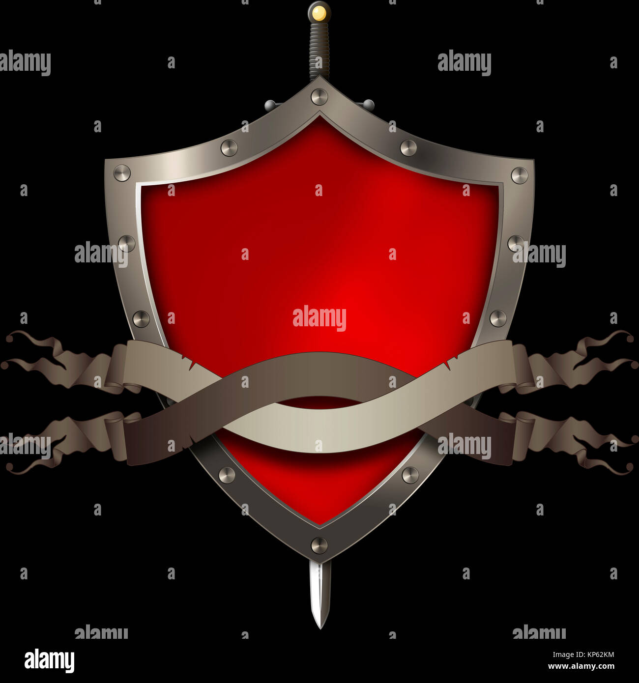 Medieval red shield with two scrolls and sword on black background ...