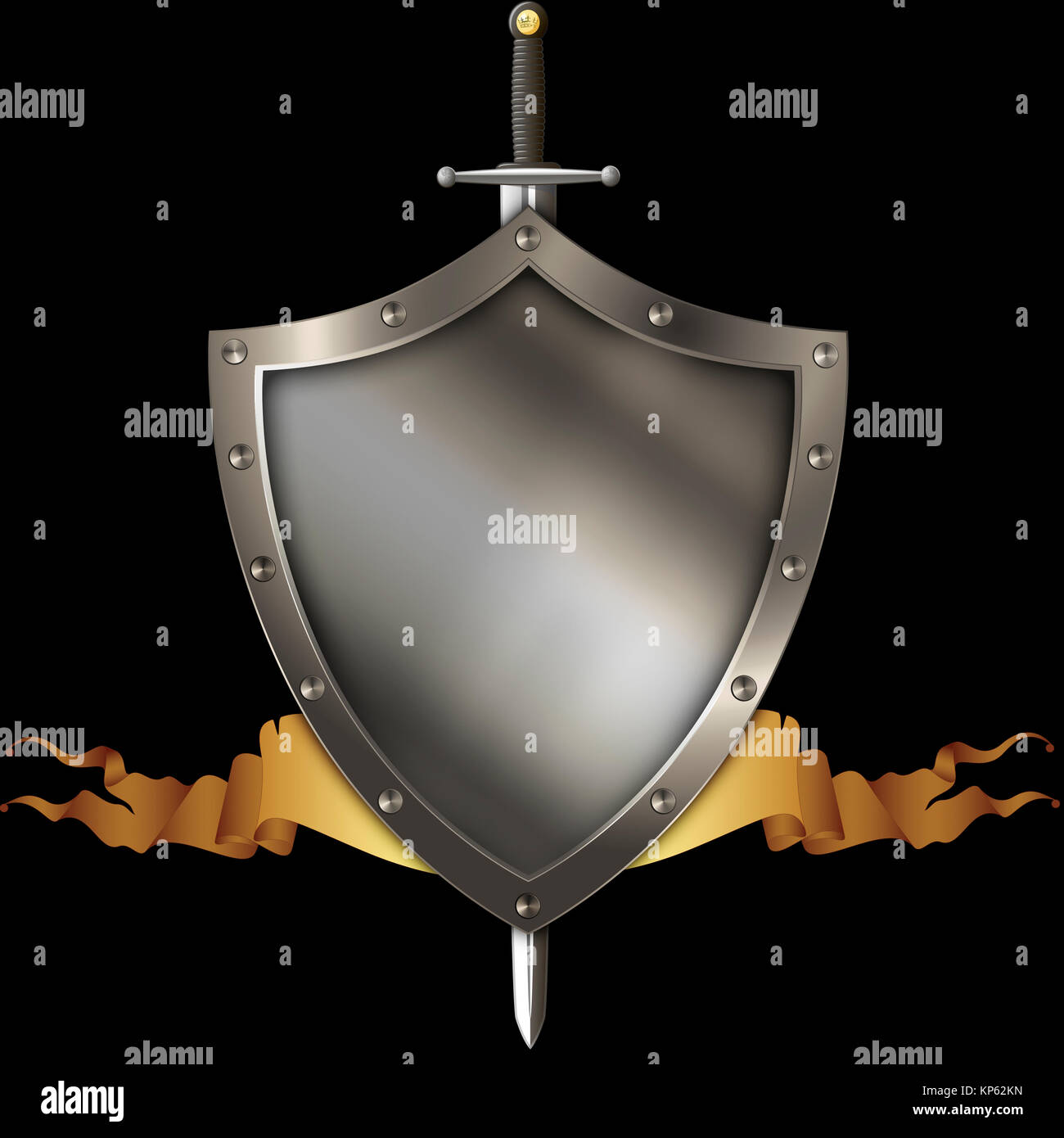 Medieval silver shield with scrolls and sword on black background Stock ...