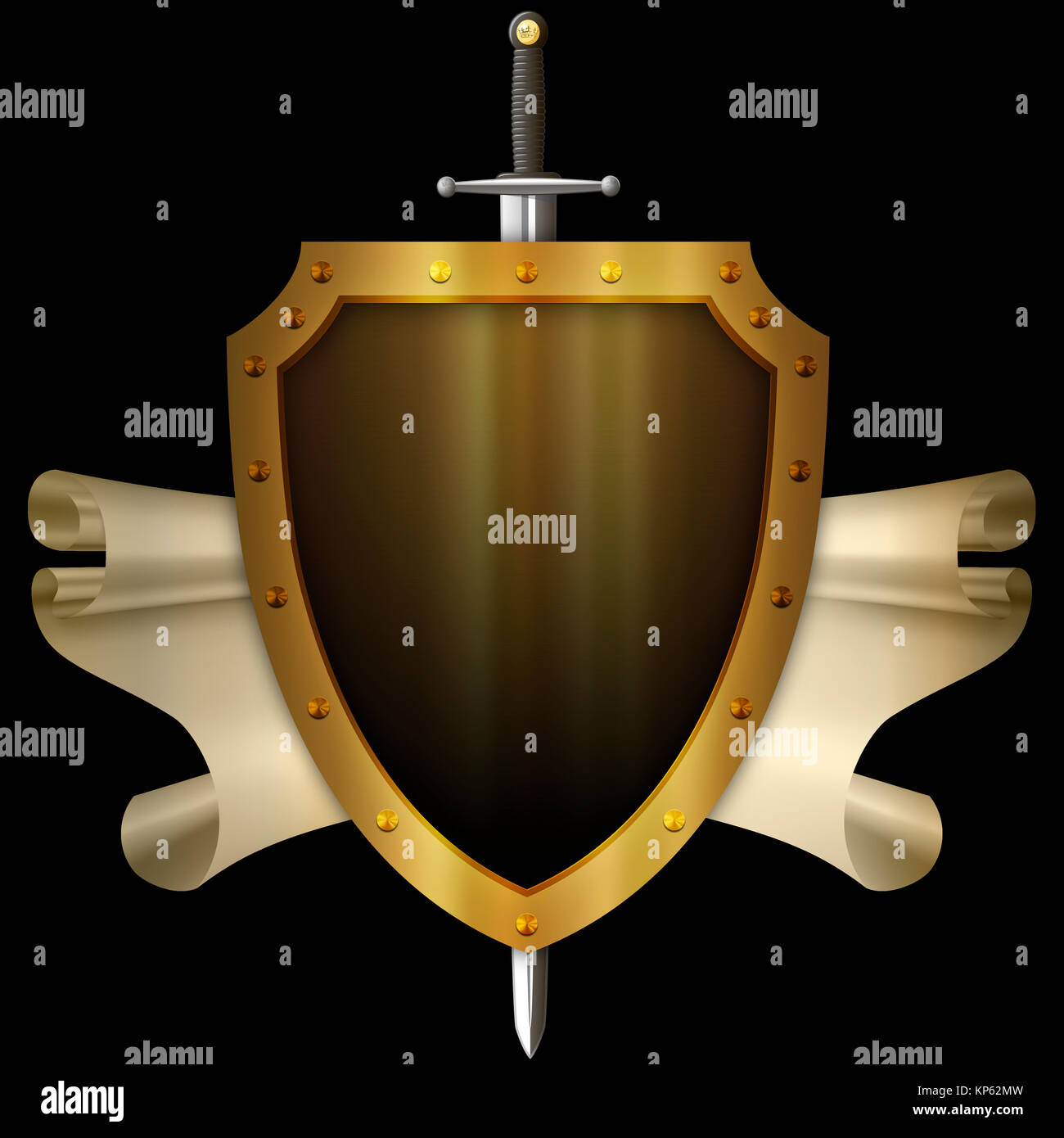 Medieval gold shield with scroll of parchment and sword on black ...