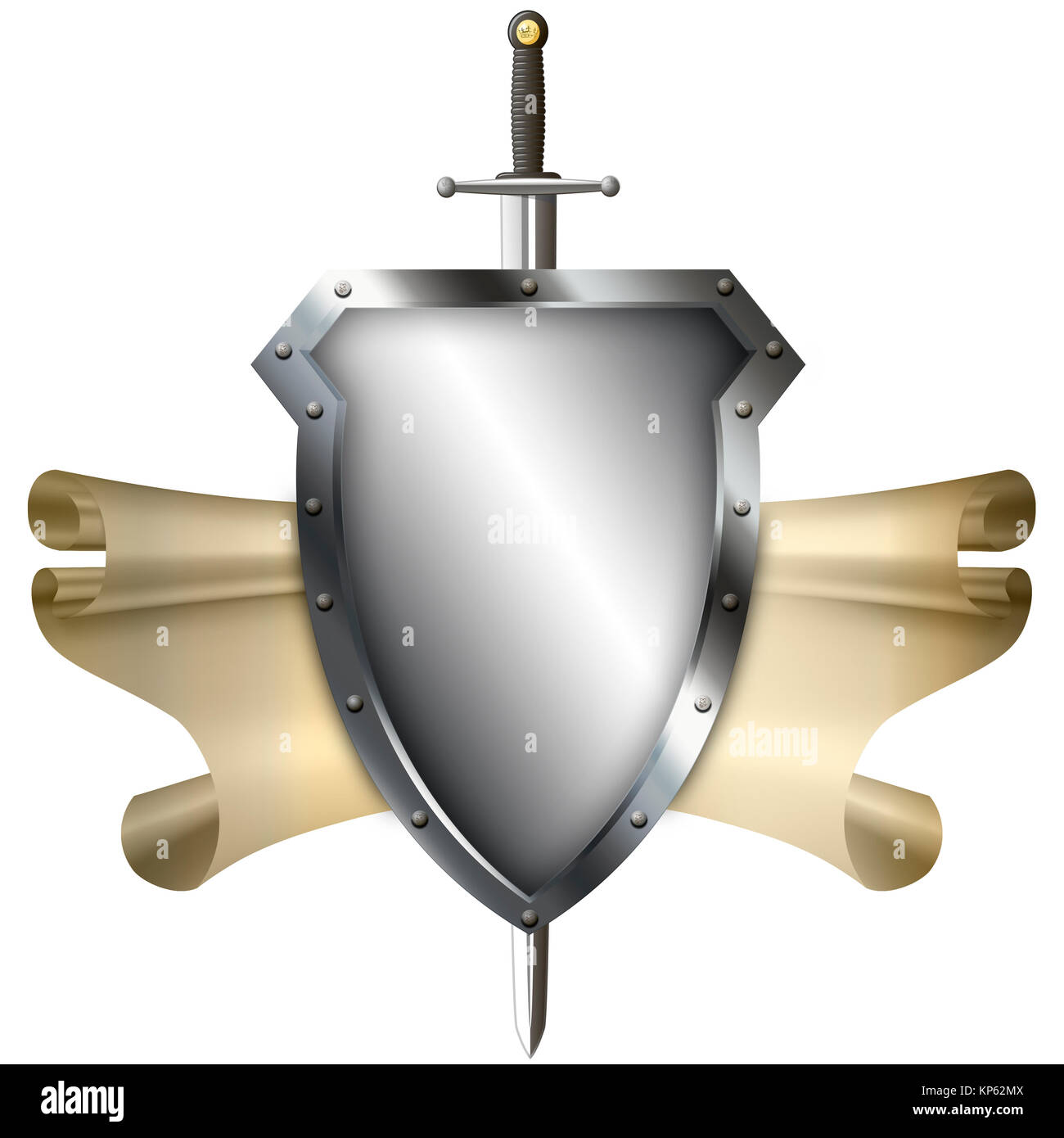 Medieval shield with scroll of parchment and sword on white background ...