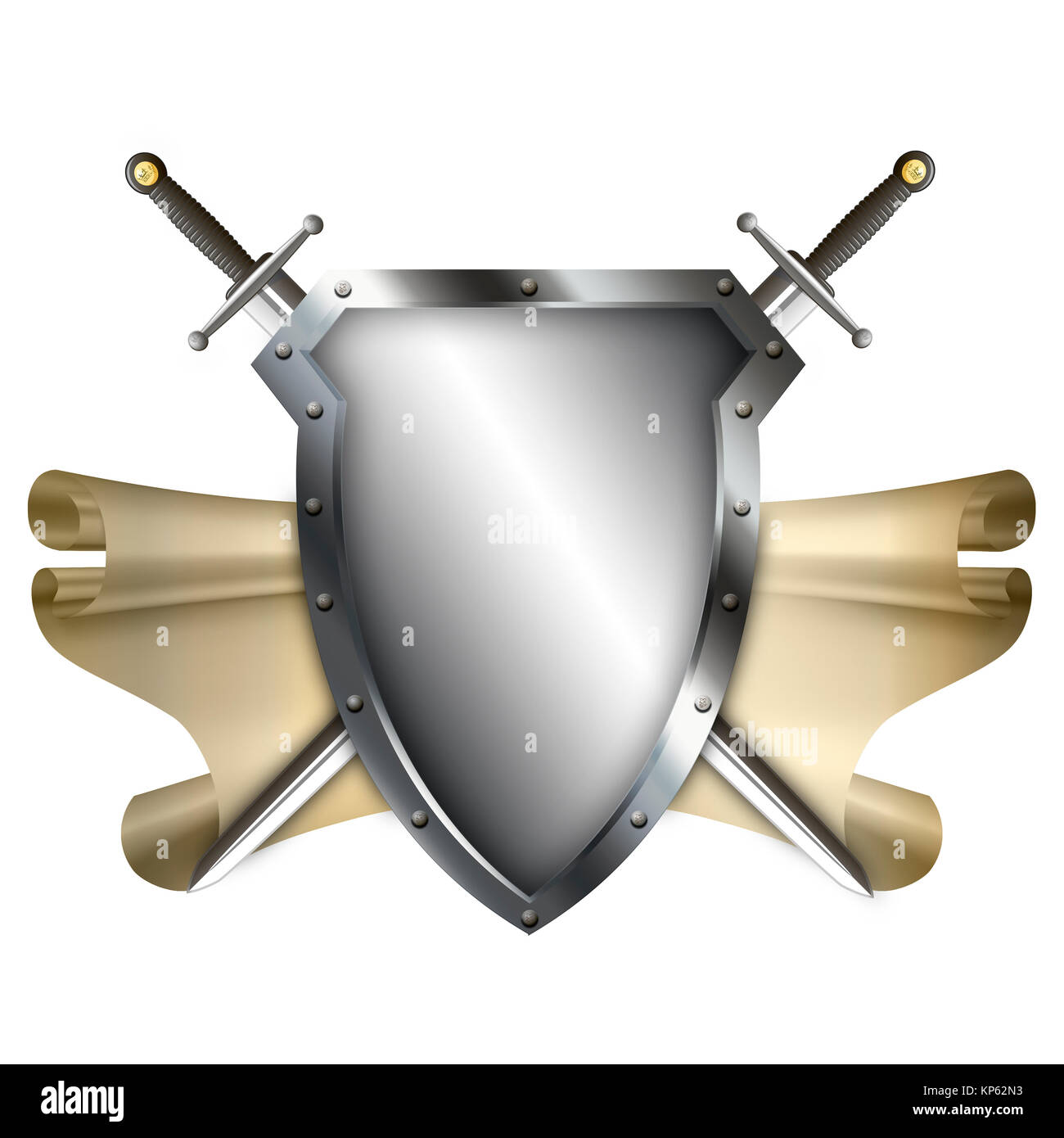 Medieval shield with scroll of parchment and two swords on white ...