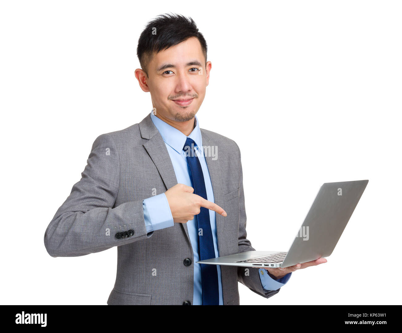 Businessman finger point to the screen of laptop computer Stock Photo ...