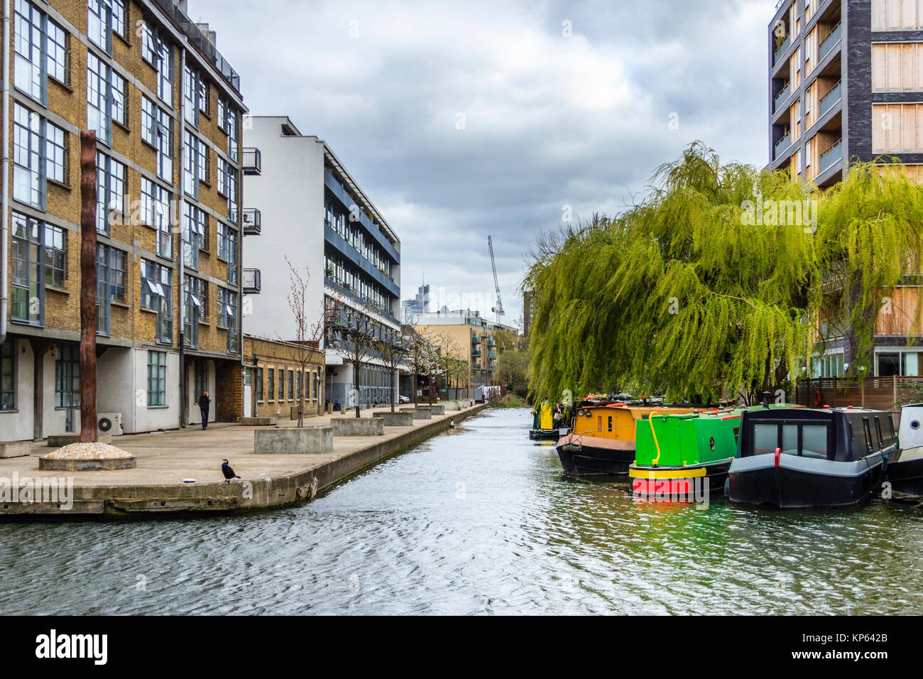 Cormorant and narrowboats at Wenlock Basin on Regent's Canal, London ...