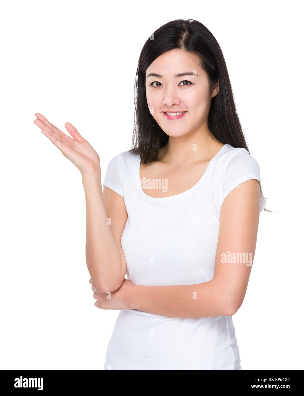 Asian woman with hand presentation Stock Photo - Alamy