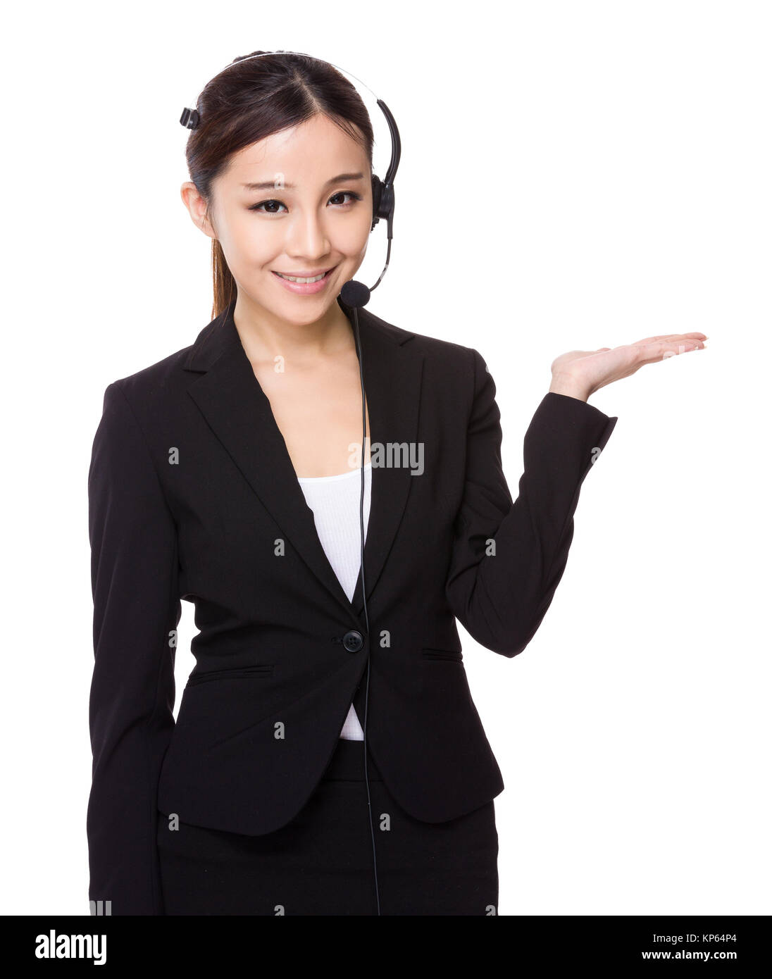Customer services officer with hand showing a blank sign Stock Photo ...