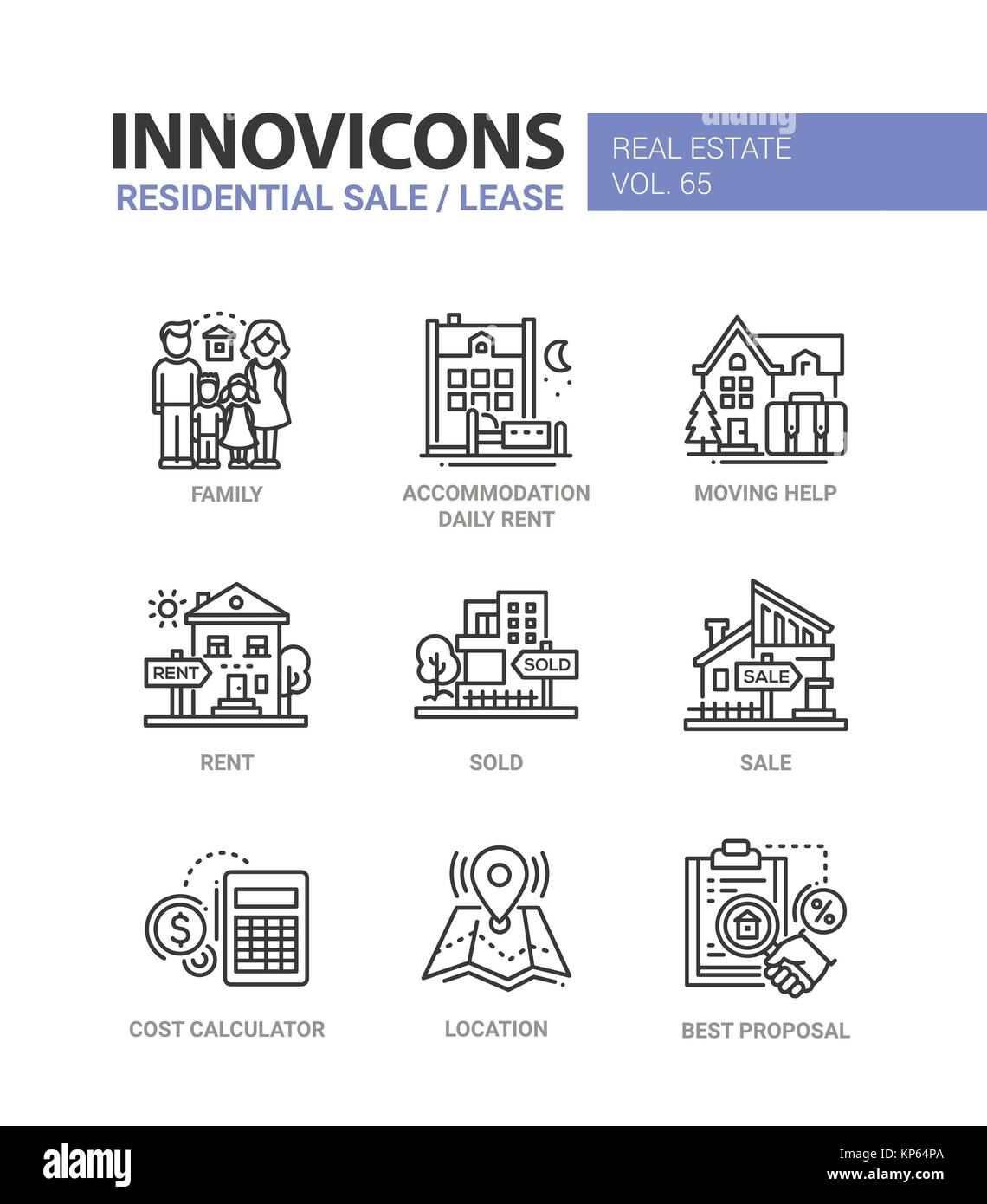 Residential sale and lease - line design icons set. Family ...