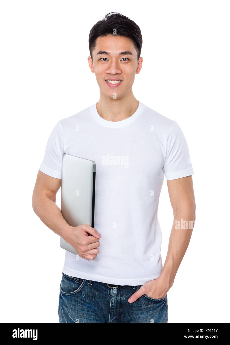 Asian man hold with laptop computer Stock Photo - Alamy