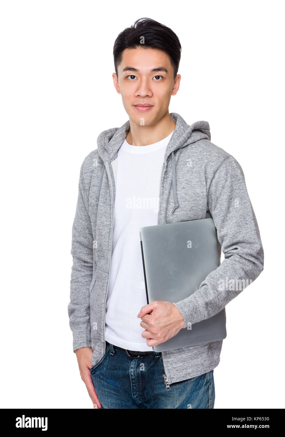 Man hold with laptop computer Stock Photo - Alamy