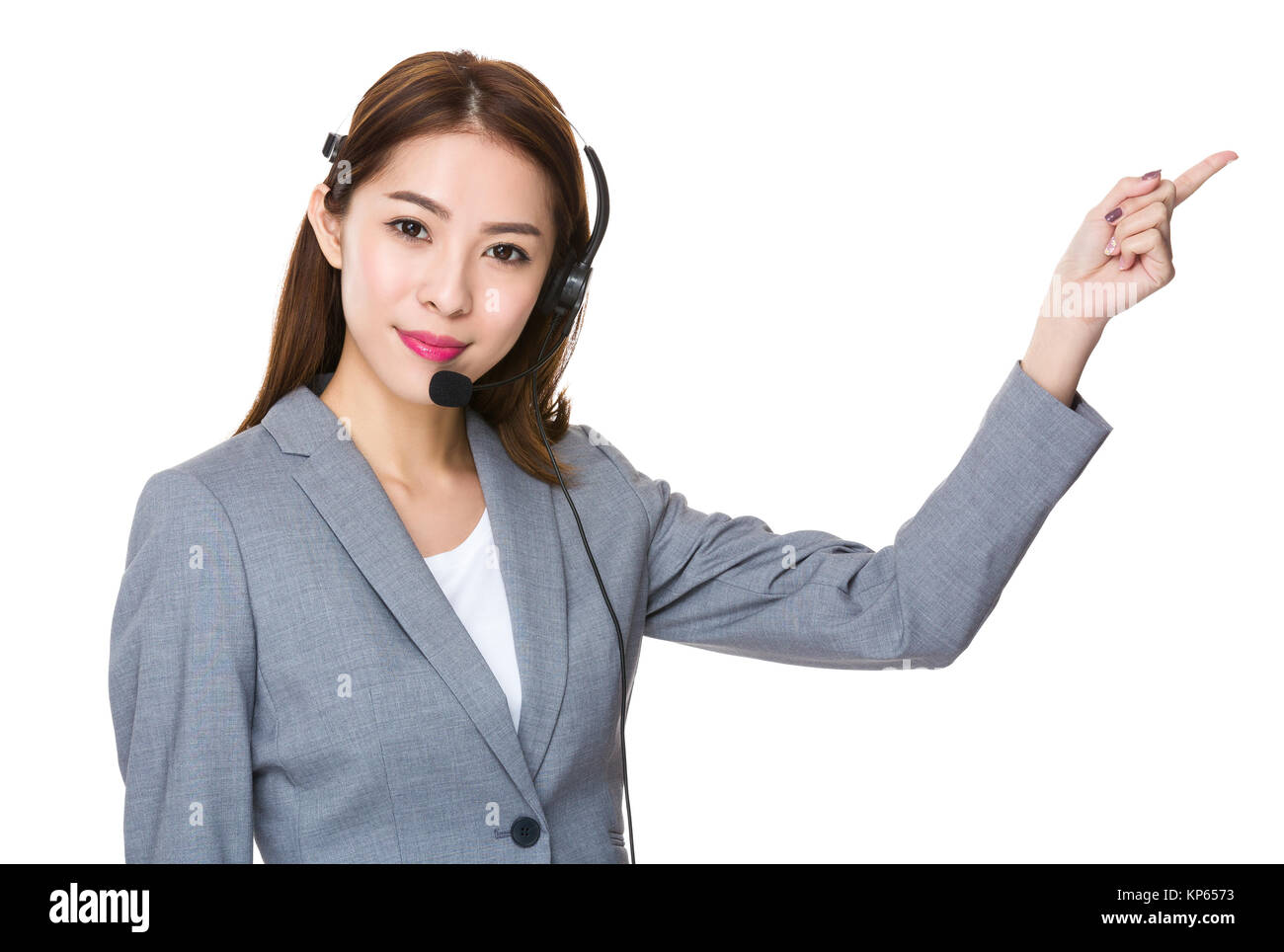 Customer service assistant with finger pointing up Stock Photo - Alamy