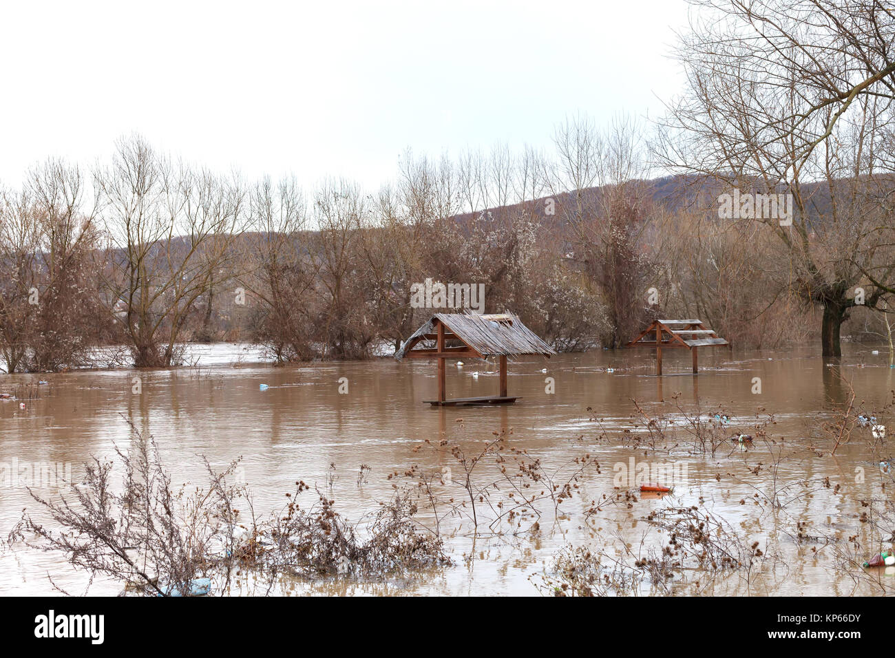 The river after the downpours came out of the banks. Flooding of river ...