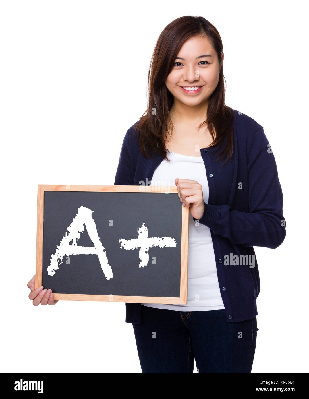 Woman showing the chalkboard with a A plus mark Stock Photo - Alamy