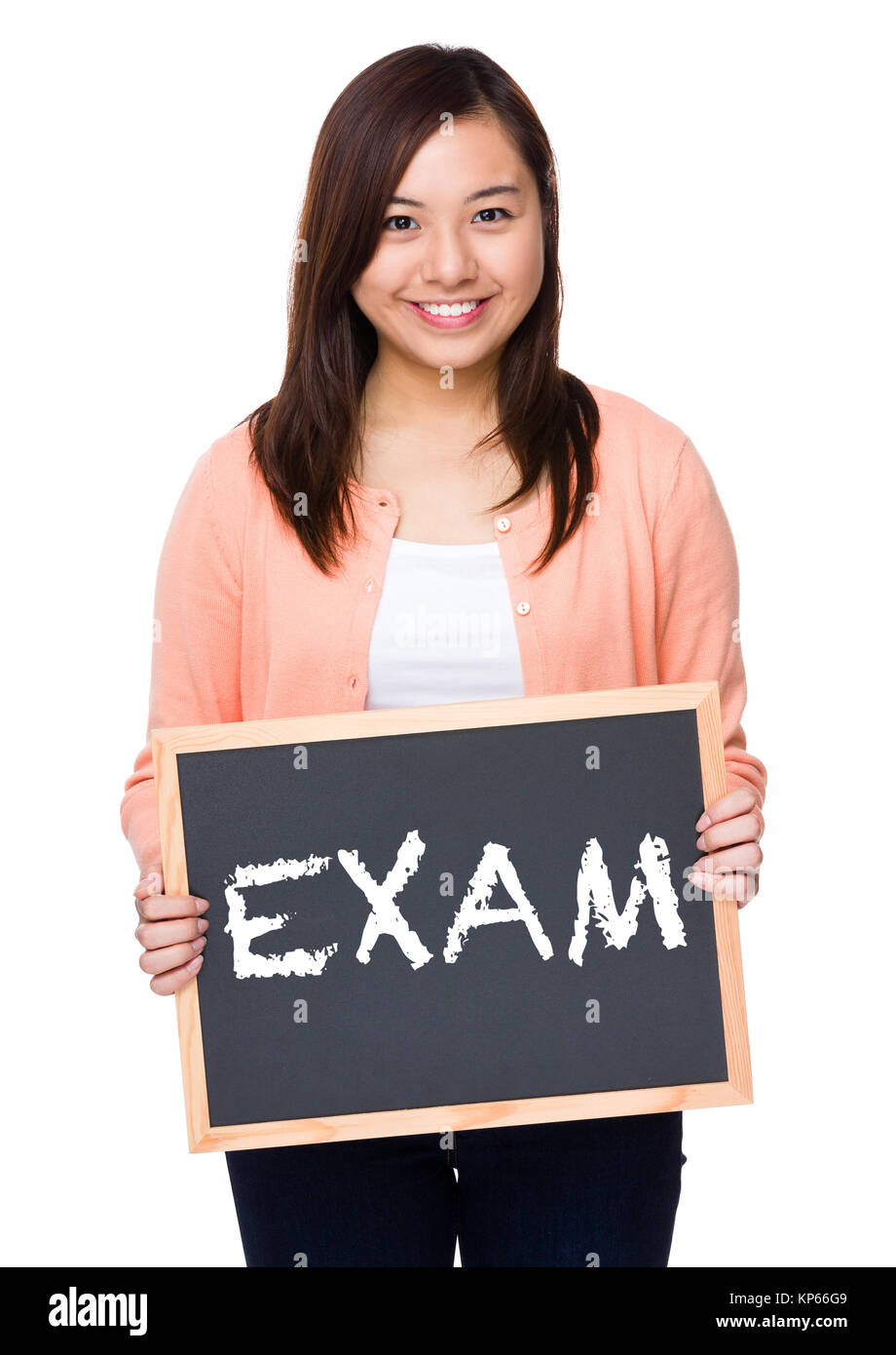 Asian woman with black board showing a word exam Stock Photo - Alamy