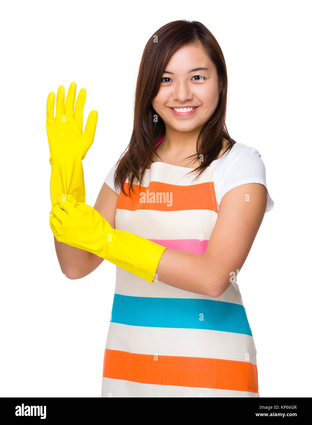 Young housewife wear with plastic gloves Stock Photo - Alamy