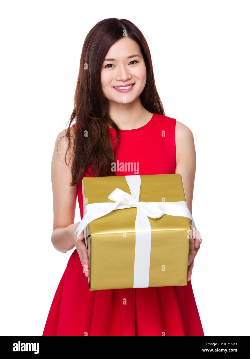 Chinese girl hold with big present box Stock Photo - Alamy
