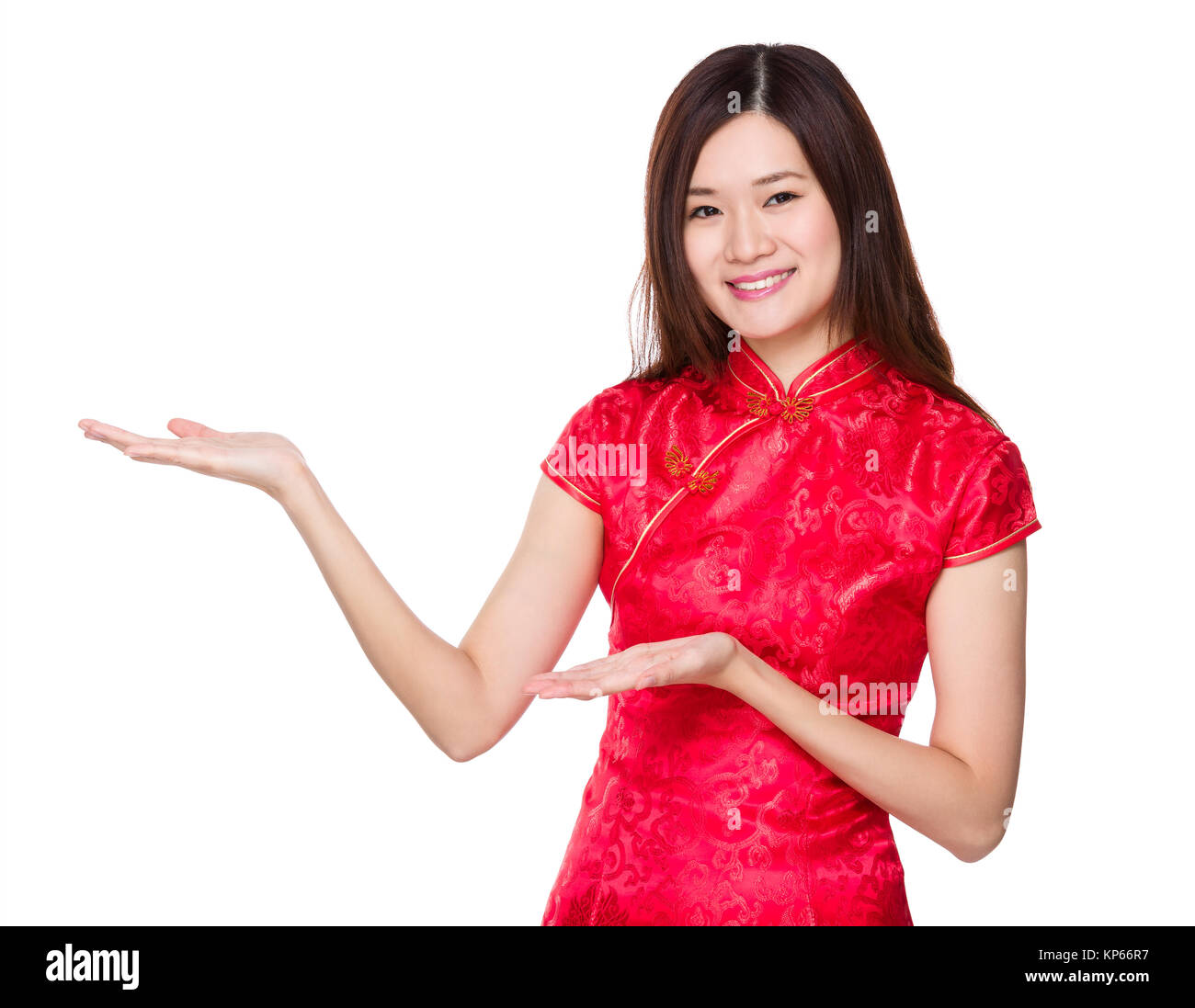 Beautiful chinese woman with hand showing blank sign Stock Photo - Alamy