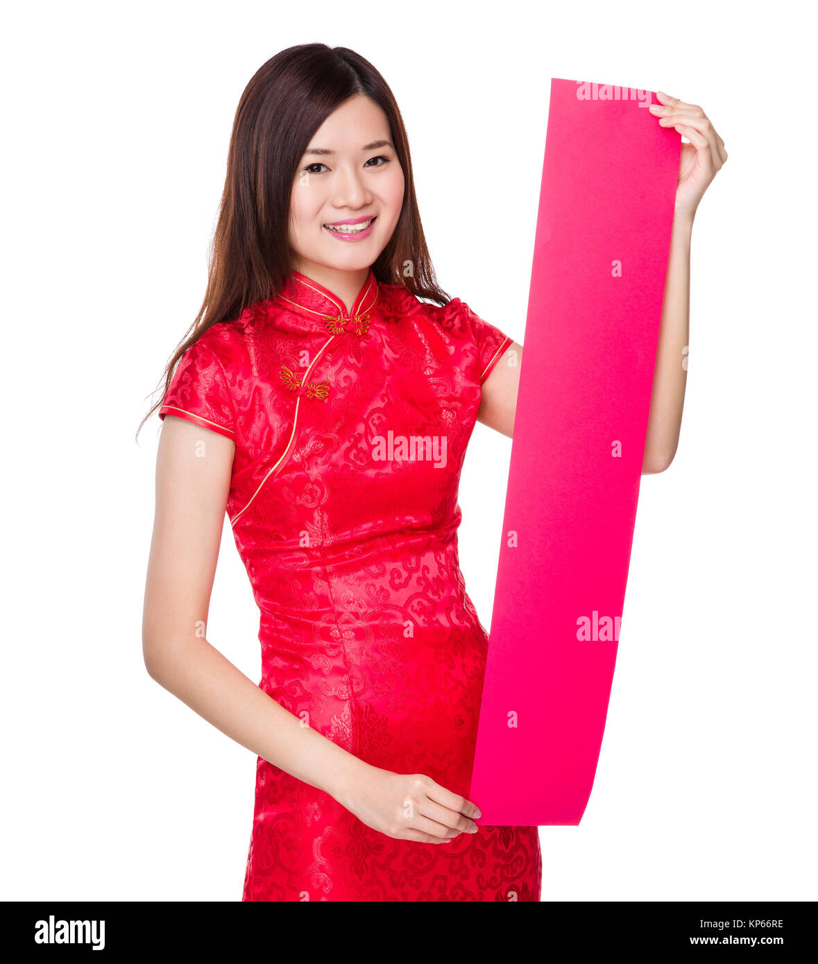 Chinese Woman hold with blank chinese Fai Chun Stock Photo - Alamy