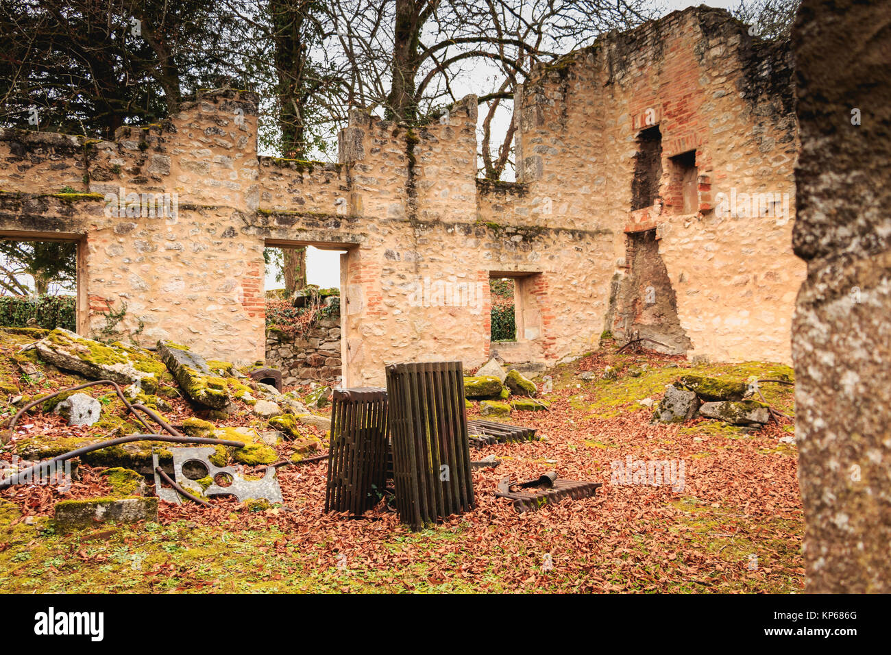 detail view of objects in the ruins of houses destroyed by fire ...